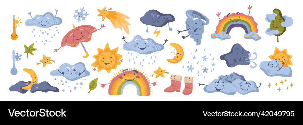 Cute weather character rainbow and clouds set Vector Image
