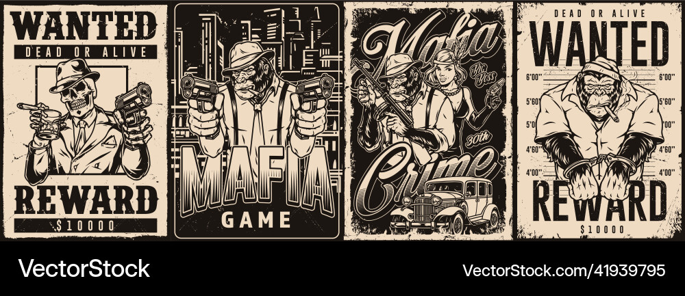 Mafia mobsters monochrome posters collection Vector Image