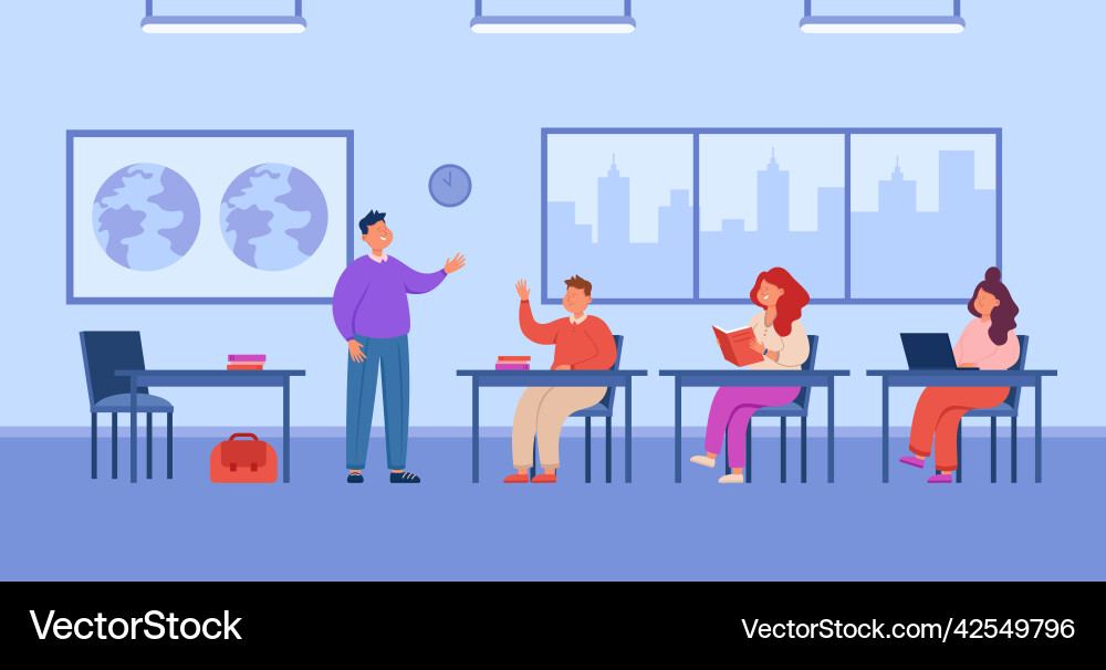 Classroom with happy teacher and school Royalty Free Vector