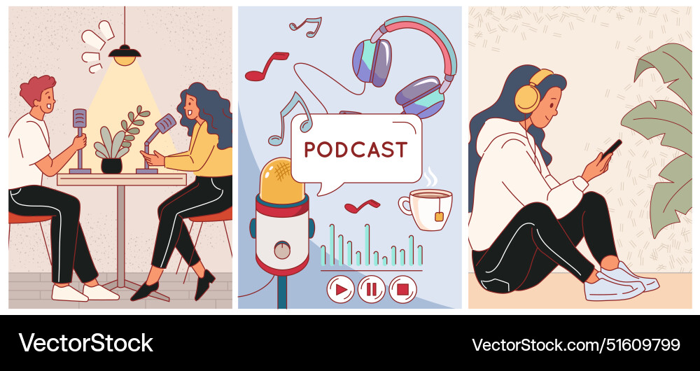 Podcast streaming audio recording process Vector Image