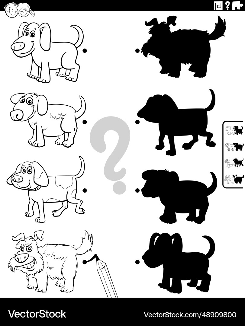 Shadow game with cartoon dog characters coloring Vector Image