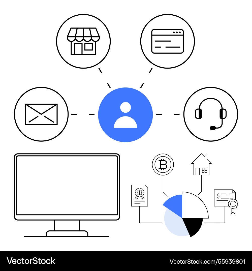Centralized user hub with connections to online Vector Image