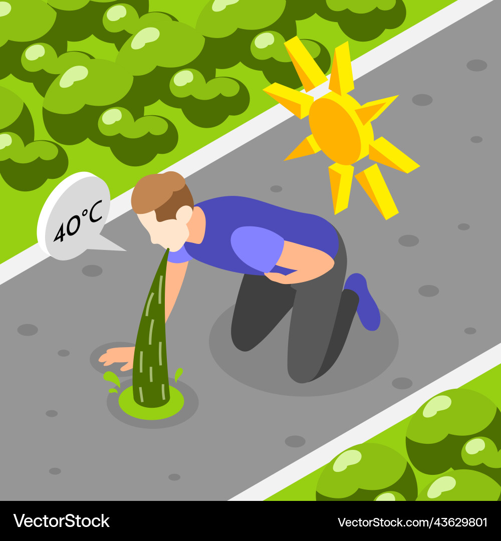 Vomit sunstroke isometric composition Royalty Free Vector
