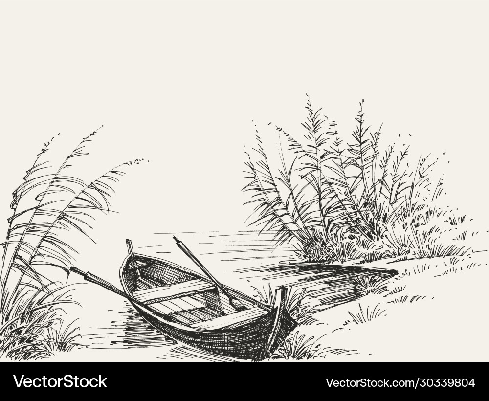 Empty boat on shore lake relaxation Royalty Free Vector