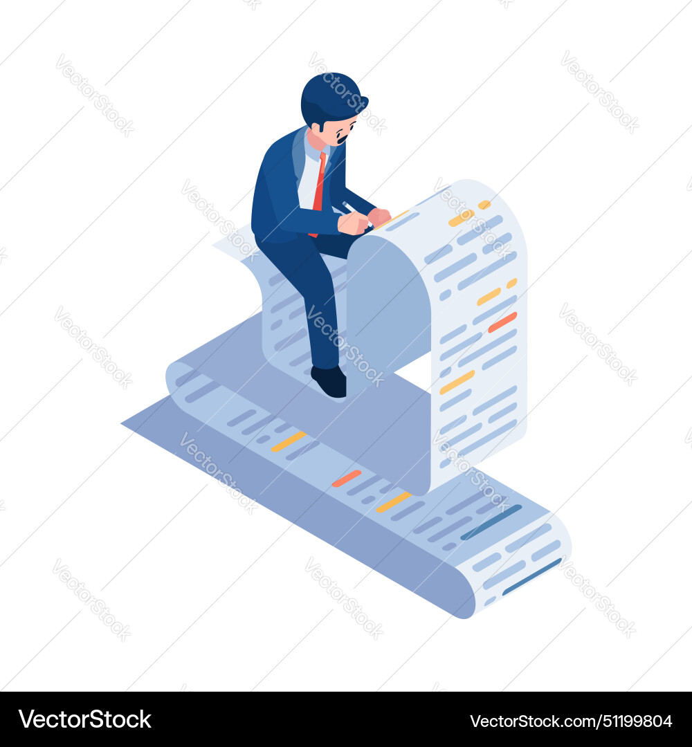 Isometric businessman writing on document Vector Image