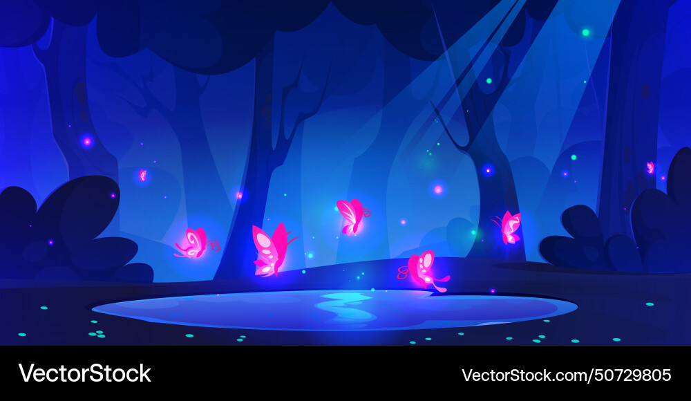 Magic fireflies over small lake in forest at night