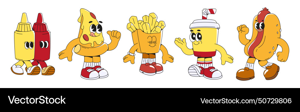 Groovy fast food characters set Royalty Free Vector Image