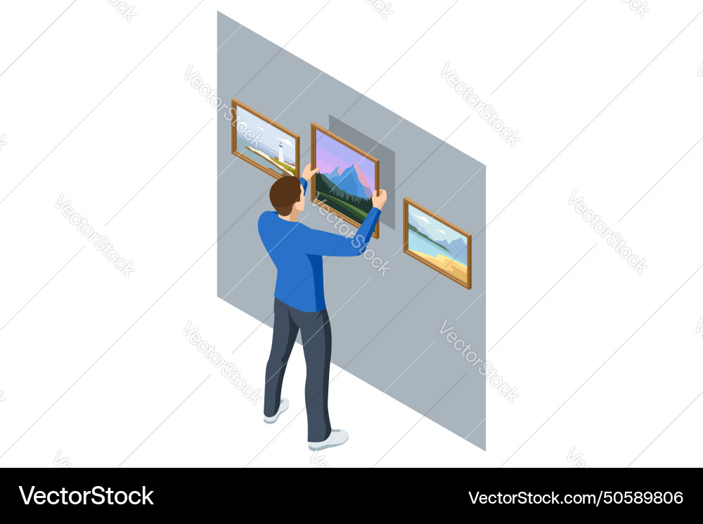 Isometric a man hanging picture on the wall Vector Image