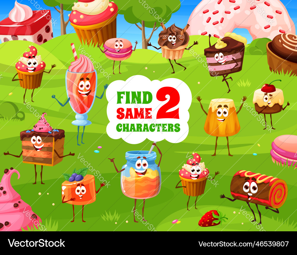 Find two same cartoon funny sweets and desserts Vector Image