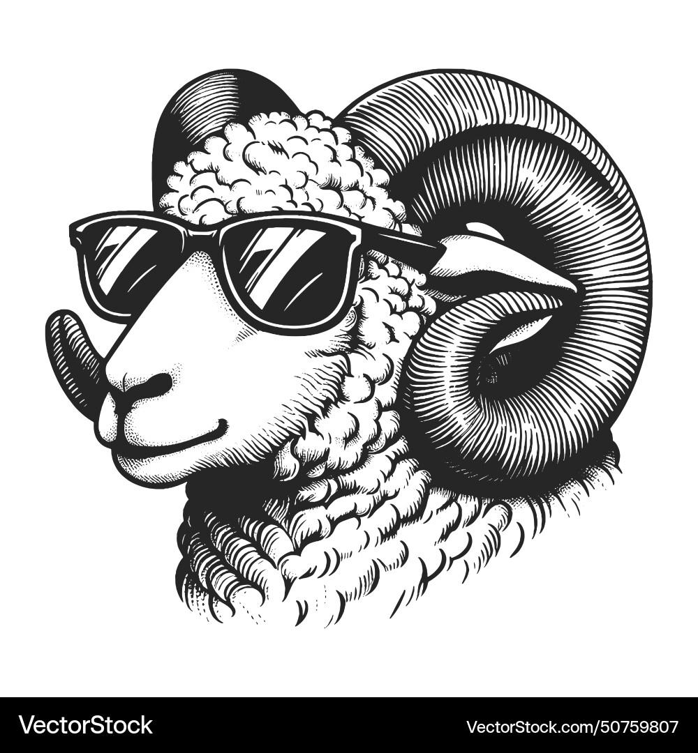 Stylish Sheep With Sunglasses Engraving Royalty Free Vector