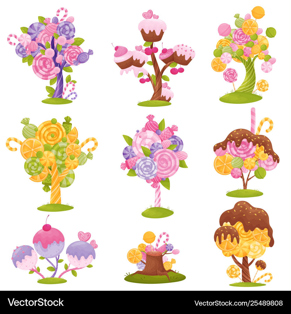 Collection magical trees and bushes with candy Vector Image