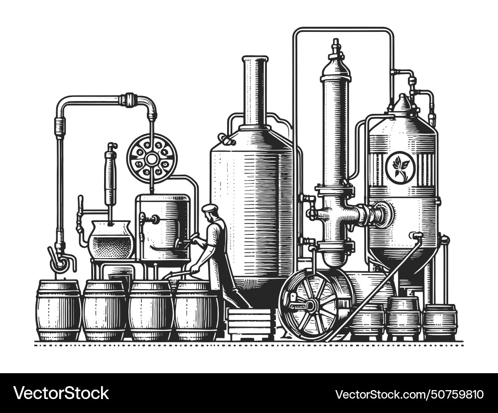 Beer brewing process factory sketch Royalty Free Vector