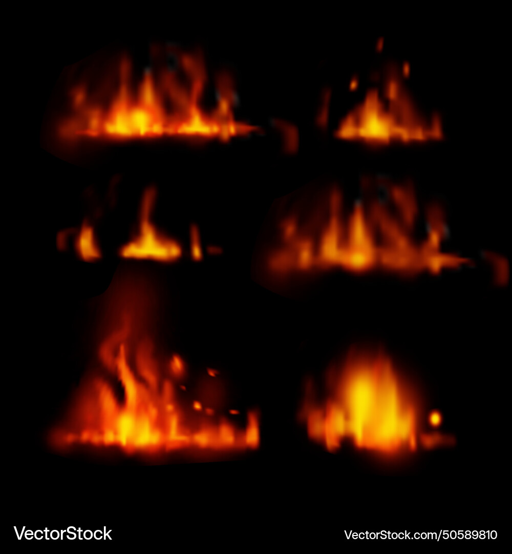 Fire flames set realistic on black background Vector Image