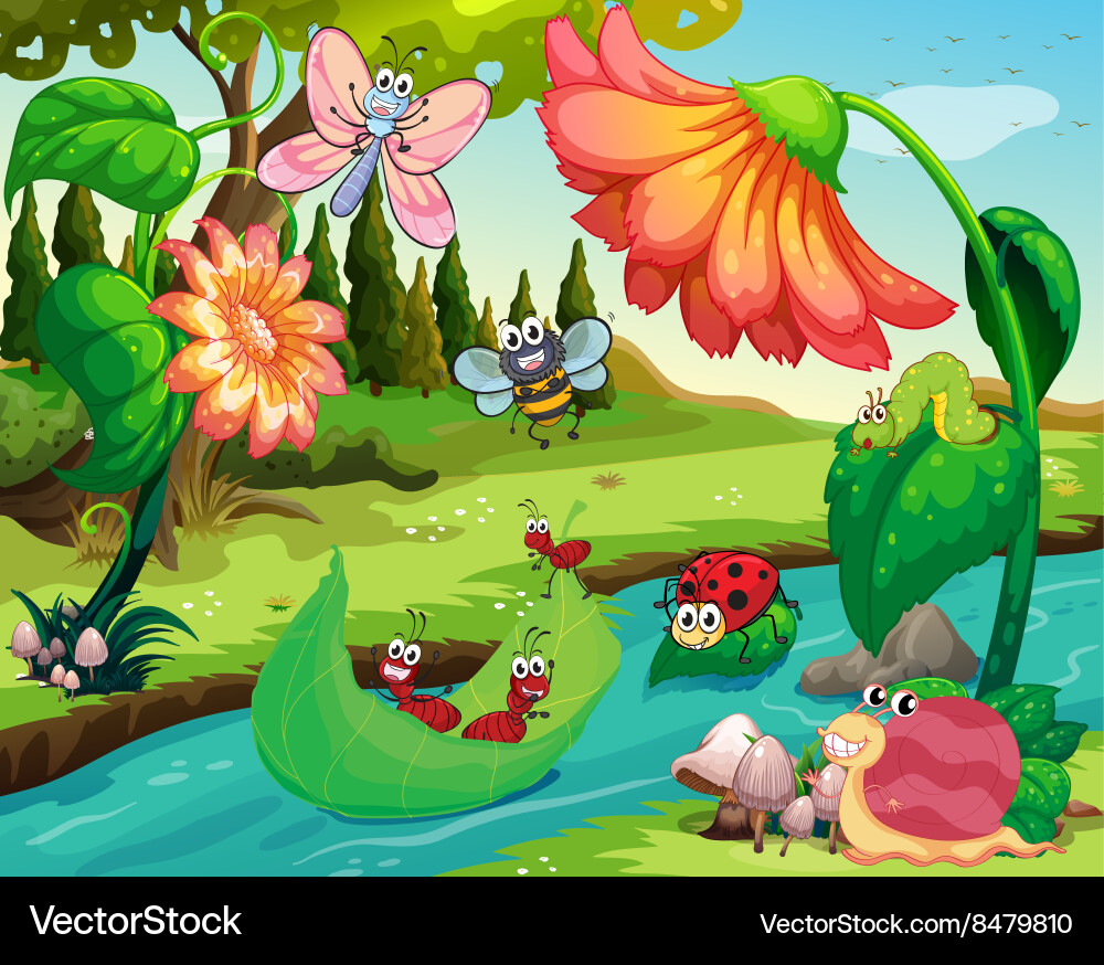 Many insects living by the river Royalty Free Vector Image