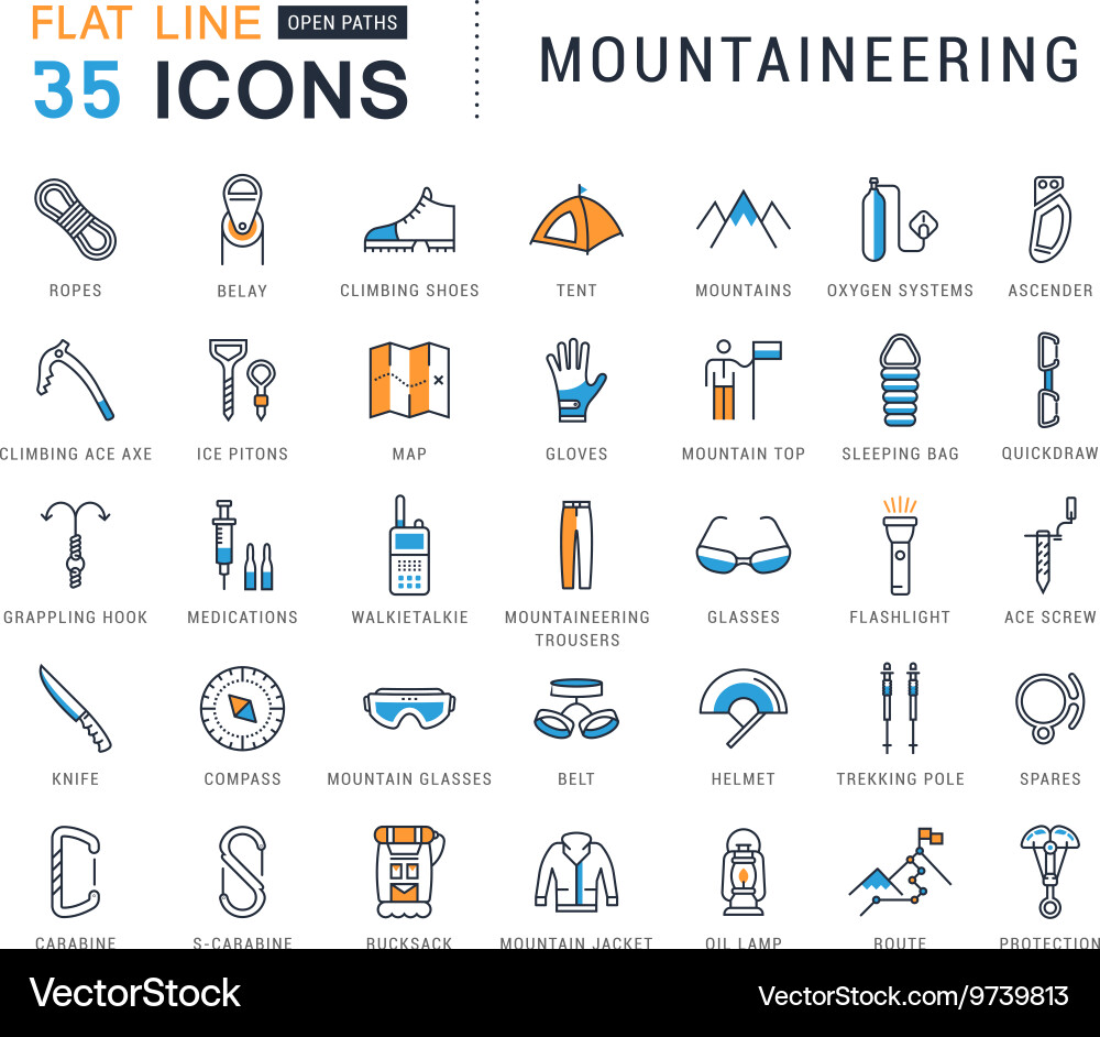 Set flat line icons mountaineering Royalty Free Vector Image
