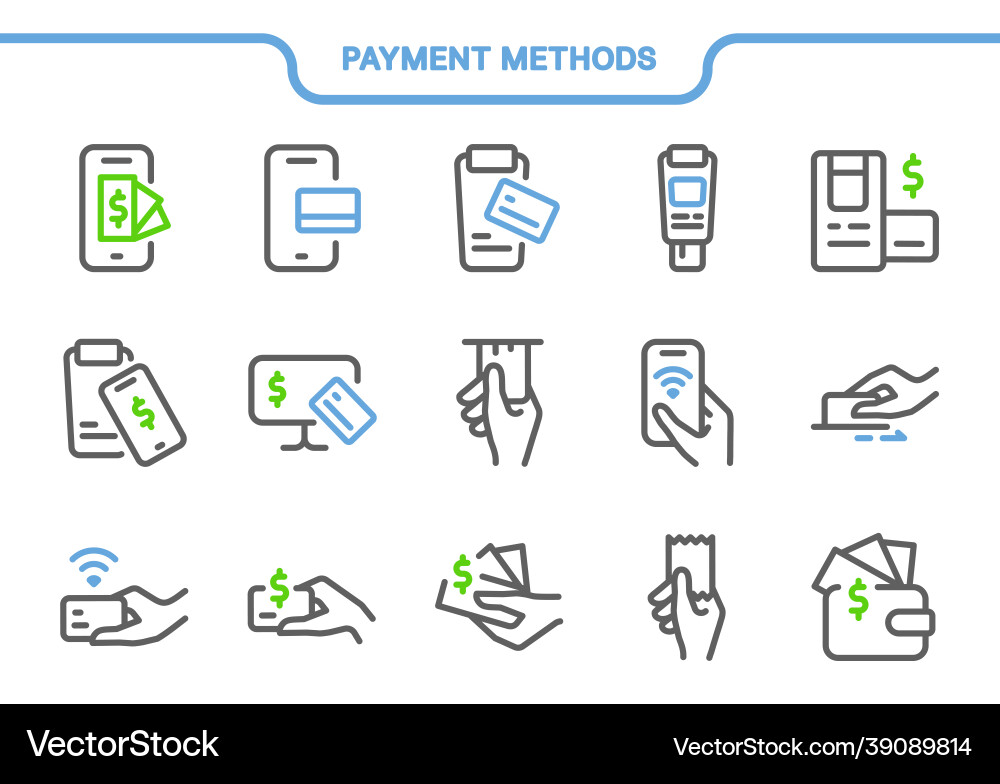 Icon set payment methods collection cash bank Vector Image