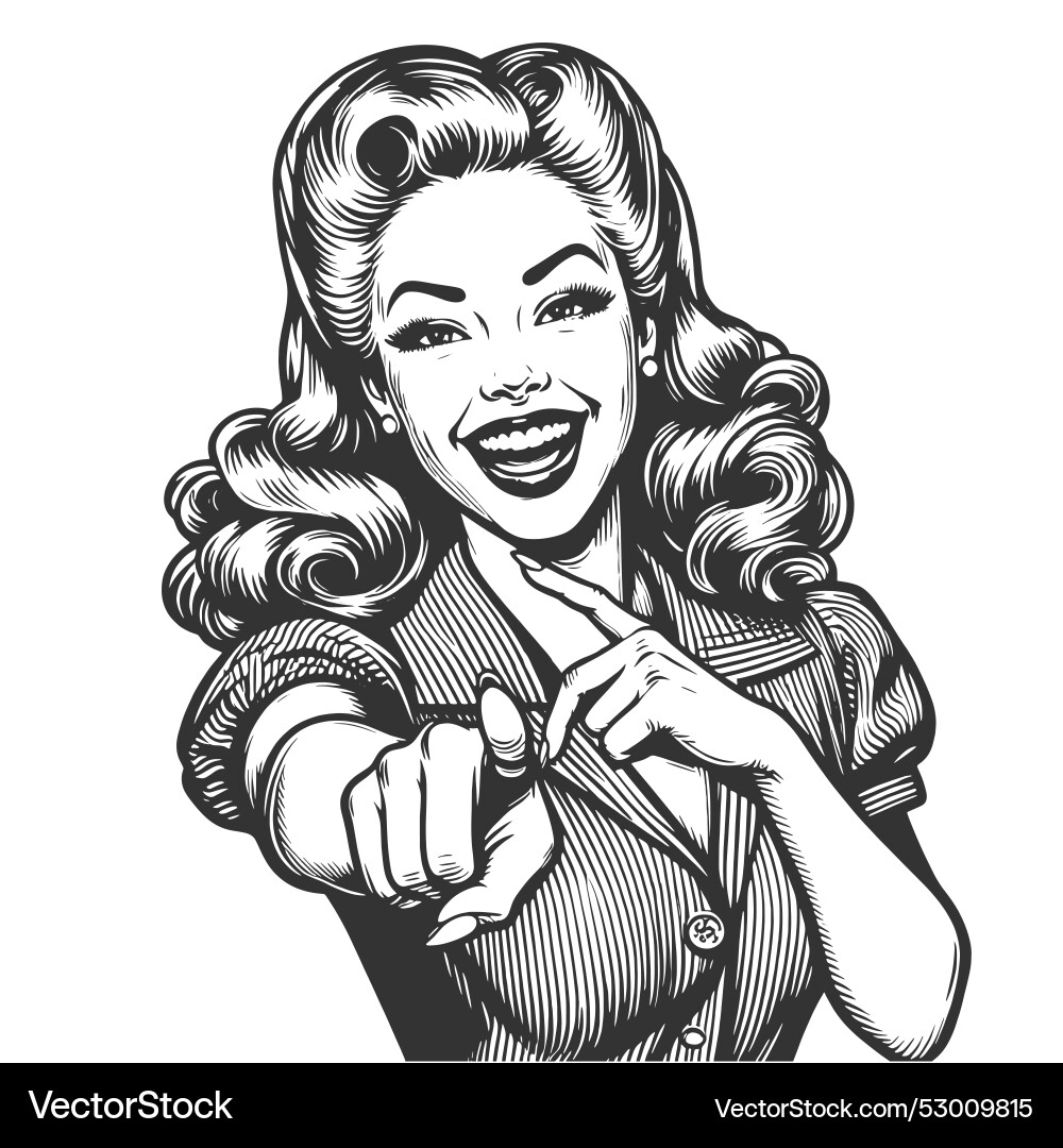 Laughing retro woman pointing forward Royalty Free Vector