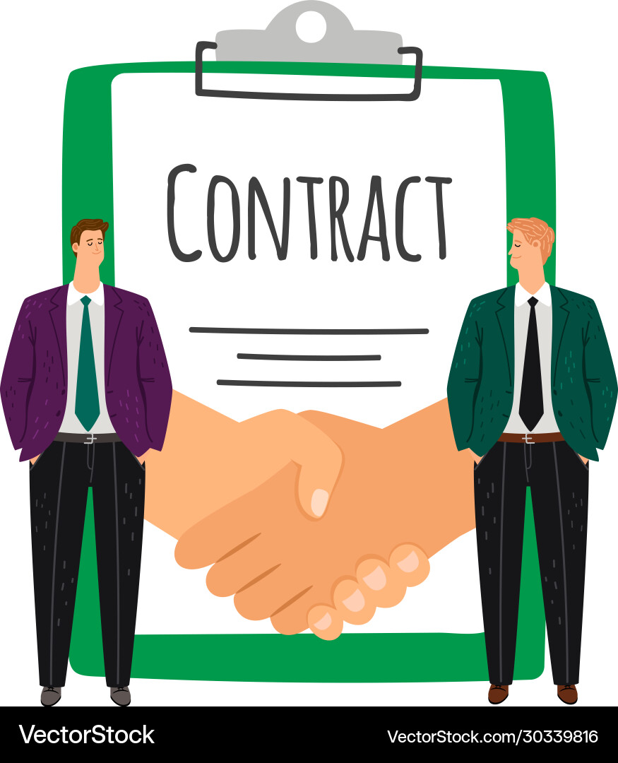 Businessmen and handshake contract signing Vector Image