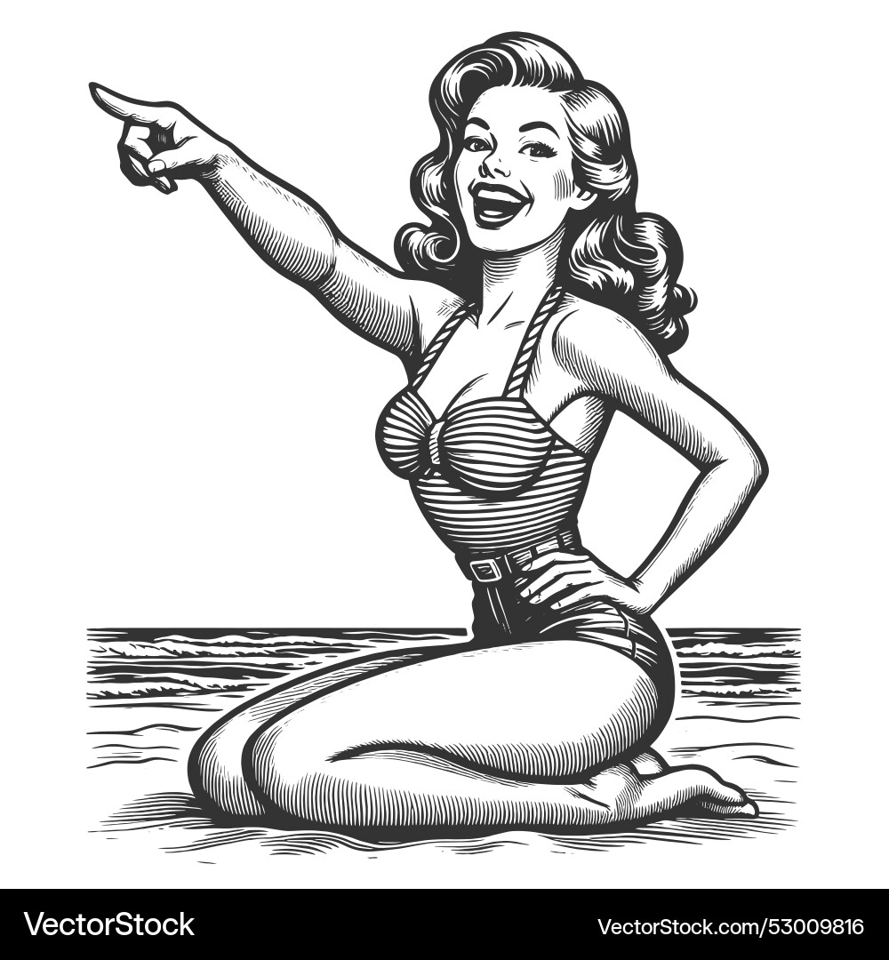 Smiling Pin Up Woman Pointing On Beach Royalty Free Vector