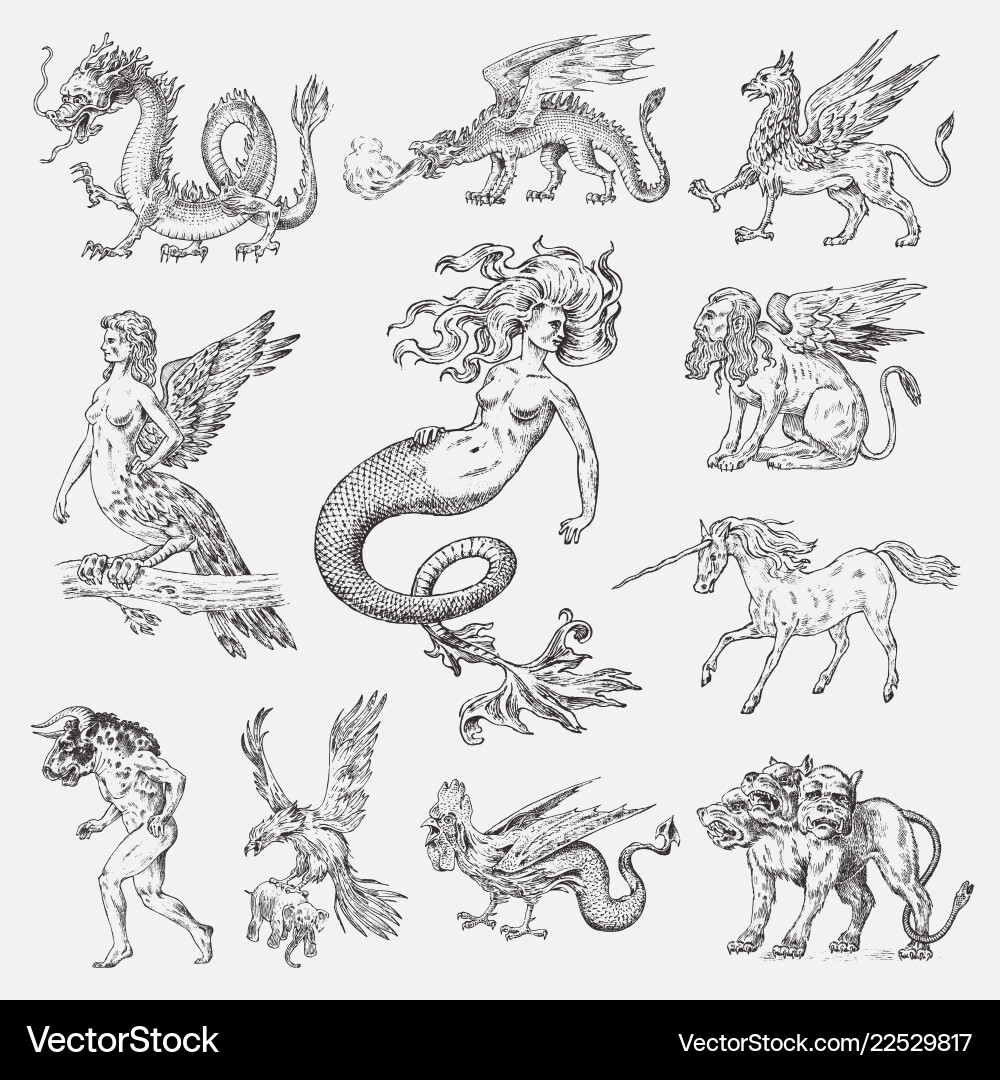 Mythical Creatures Sketch Set Royalty Free Vector Image