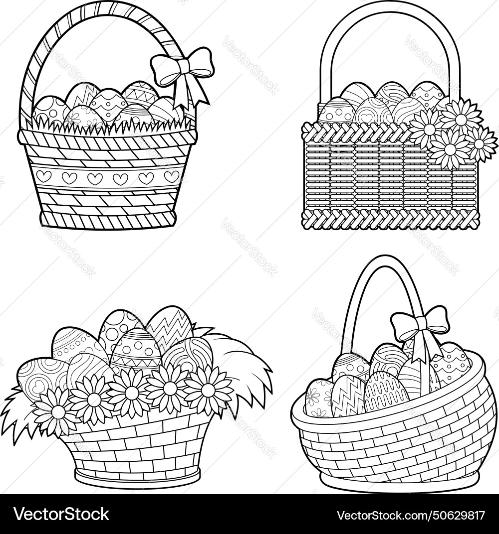 Outlined cartoon easter basket with eggs Vector Image