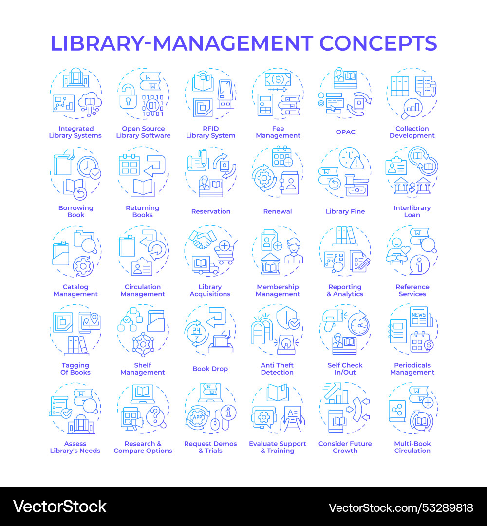 Library management blue gradient concept icons Vector Image