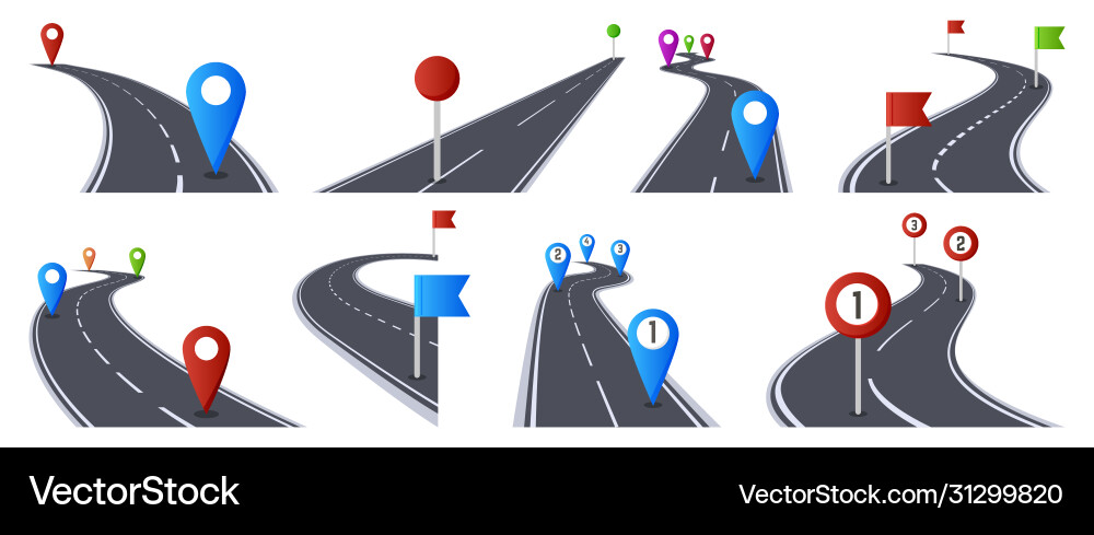 Roadmap with pins bending asphalt roads Royalty Free Vector