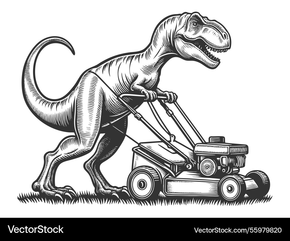 T-rex mowing the lawn with a push mower Royalty Free Vector