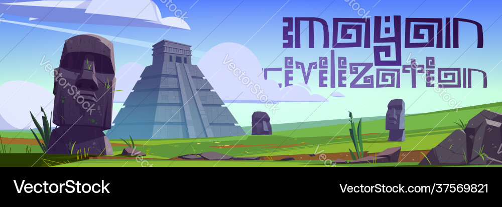 Mayan civilization landmarks and moai statues Vector Image
