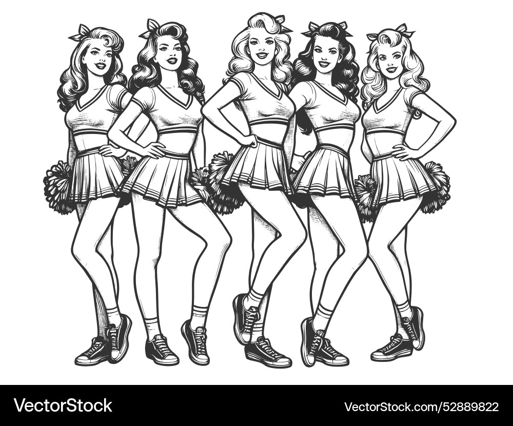Cheerleaders in uniform lineup sketch Royalty Free Vector