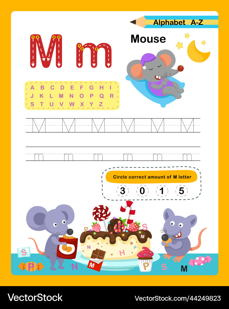 Alphabet letter m - mouse exercise with cartoon Vector Image