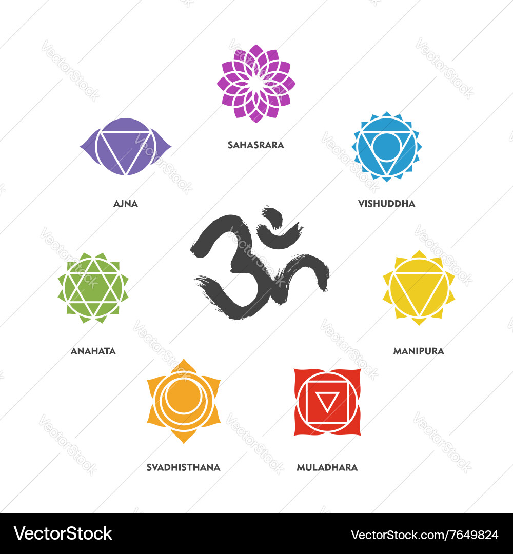 Colorful chakra symbol set and om calligraphy Vector Image