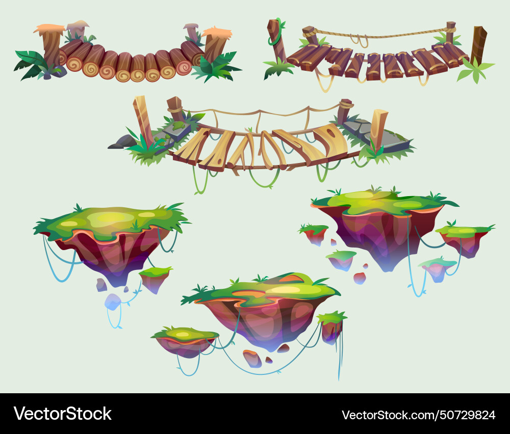 Game level platforms and rope bridges set Vector Image