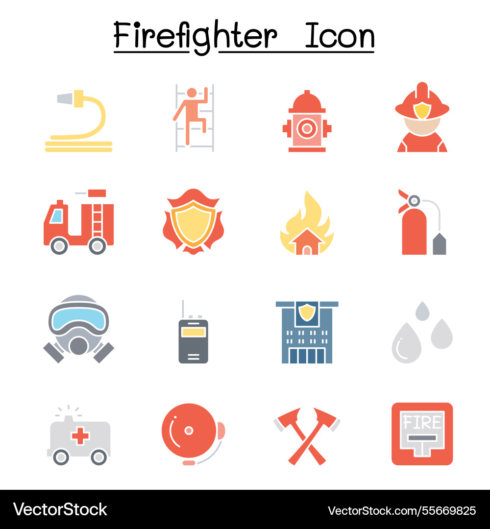 Fireman fire fighter station icon set Royalty Free Vector