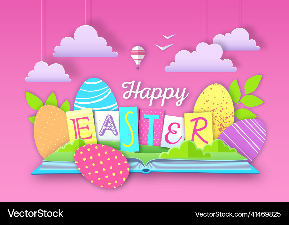Open fairy tale book with easter eggs Royalty Free Vector