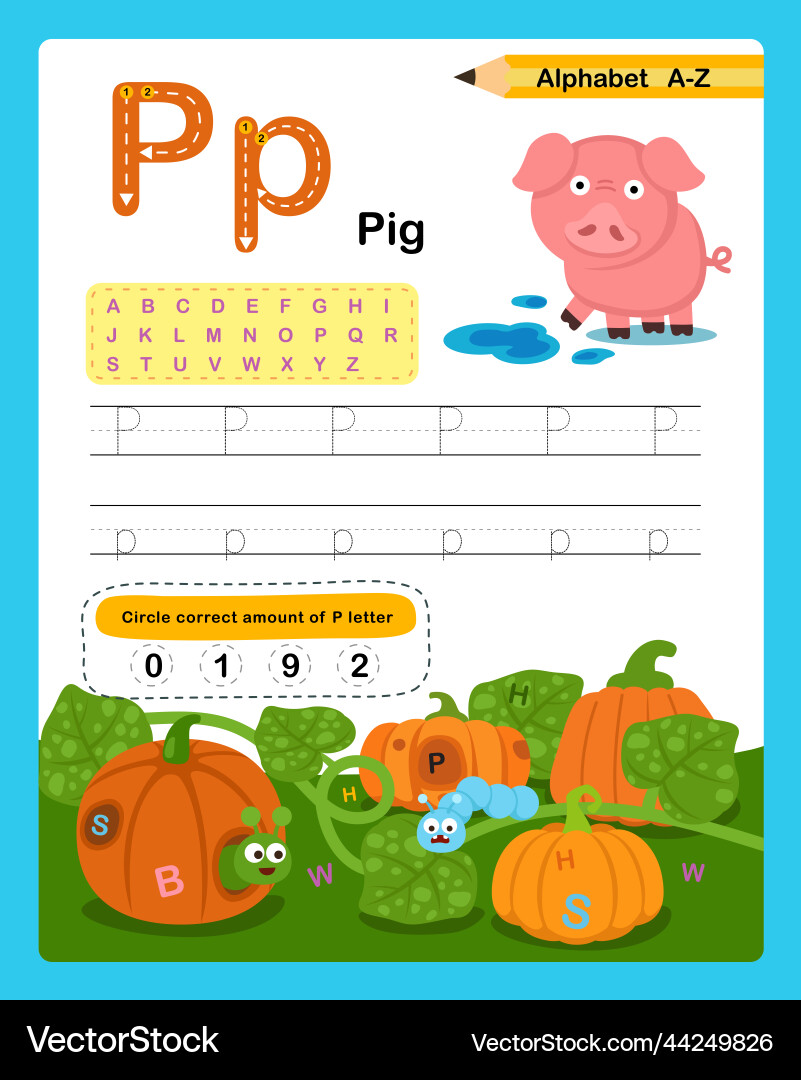 Alphabet letter p - pig exercise with cartoon Vector Image
