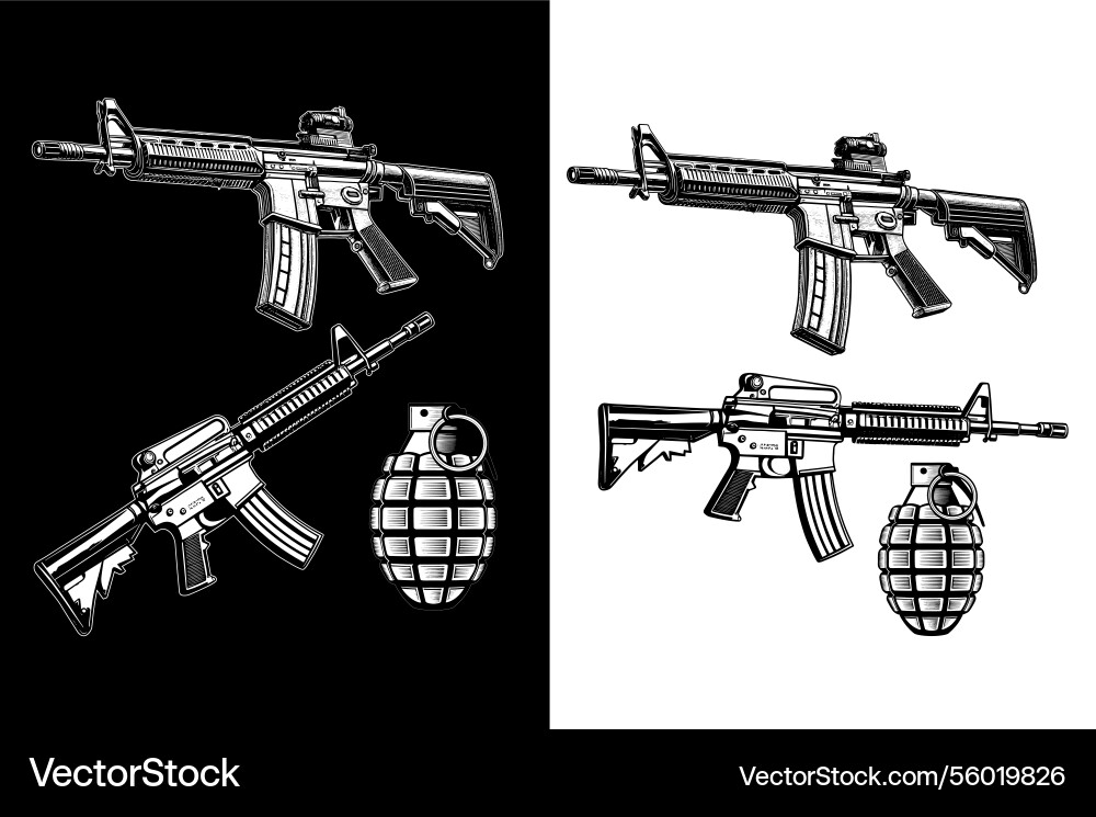 Assault rifles and grenades in Royalty Free Vector Image