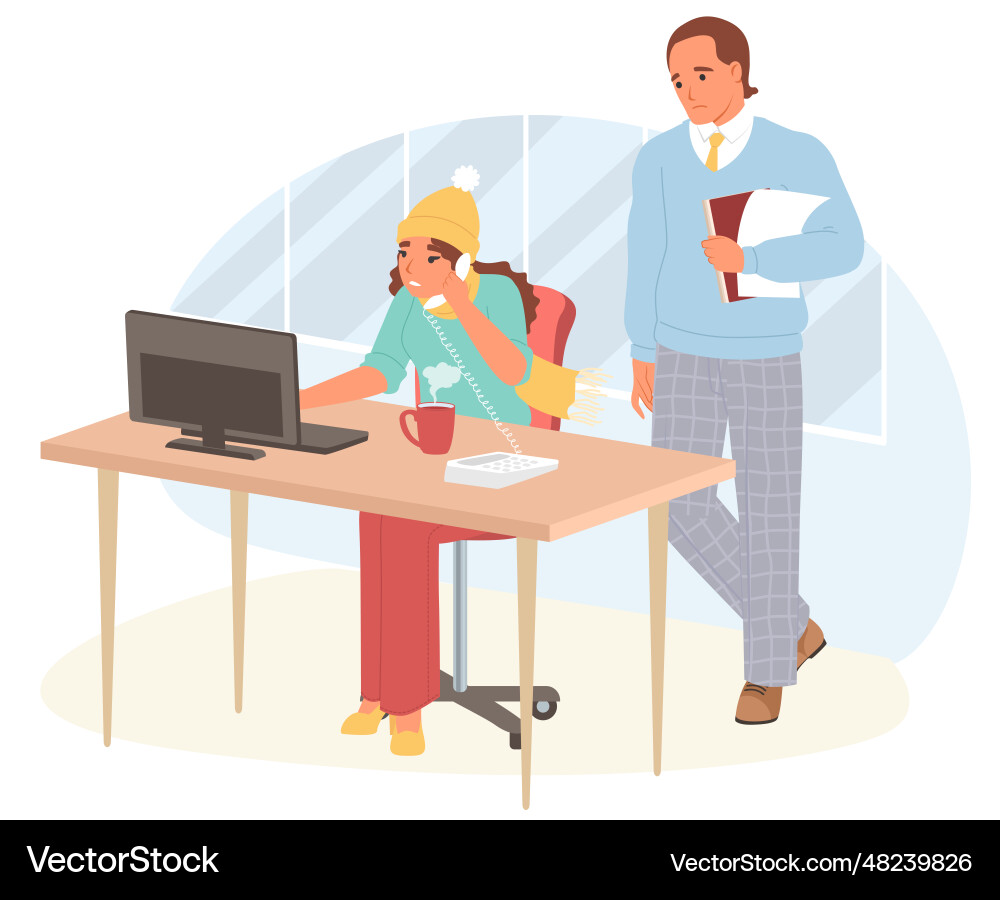 Cold in office scene employee hat working Vector Image