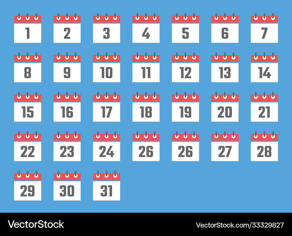 Calendar Dates Flat Icons - 1 to 31 Royalty Free Vector