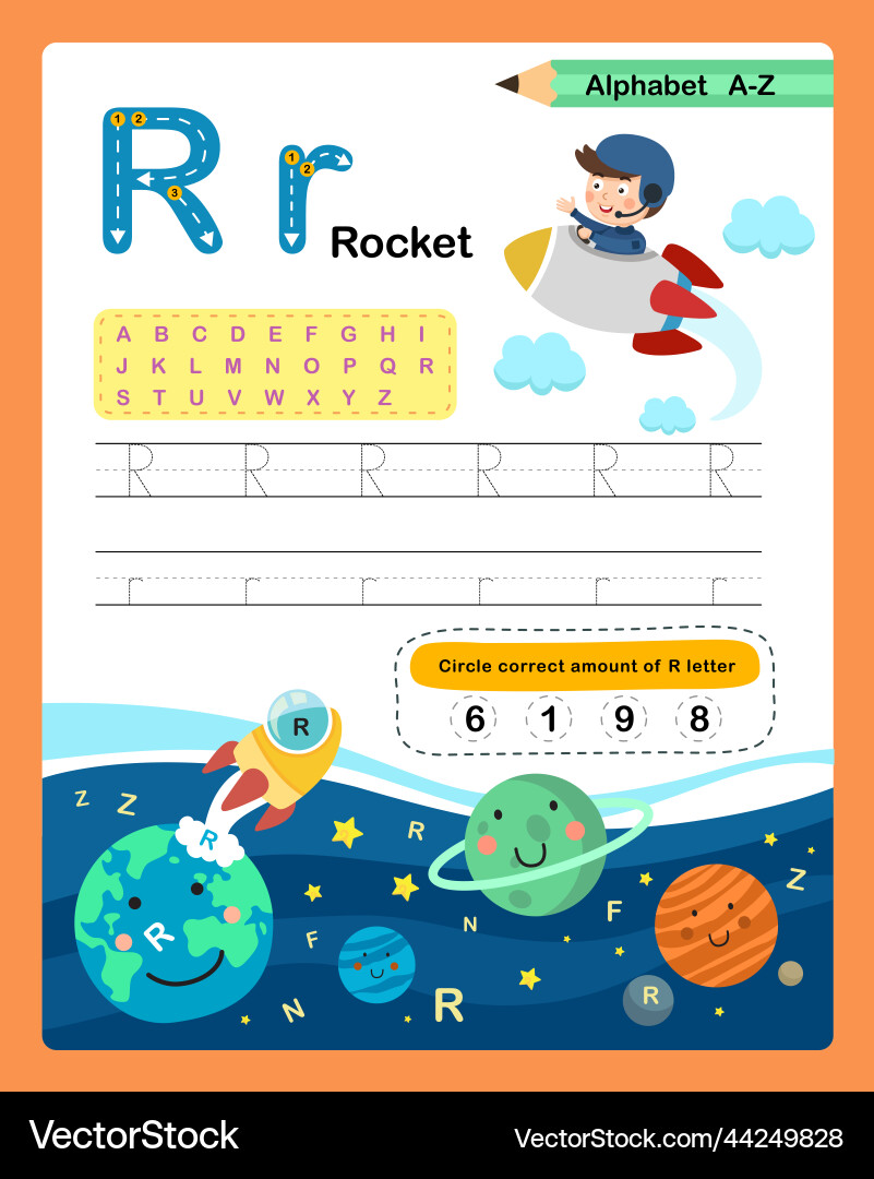 Alphabet letter r - rocket exercise with cartoon Vector Image
