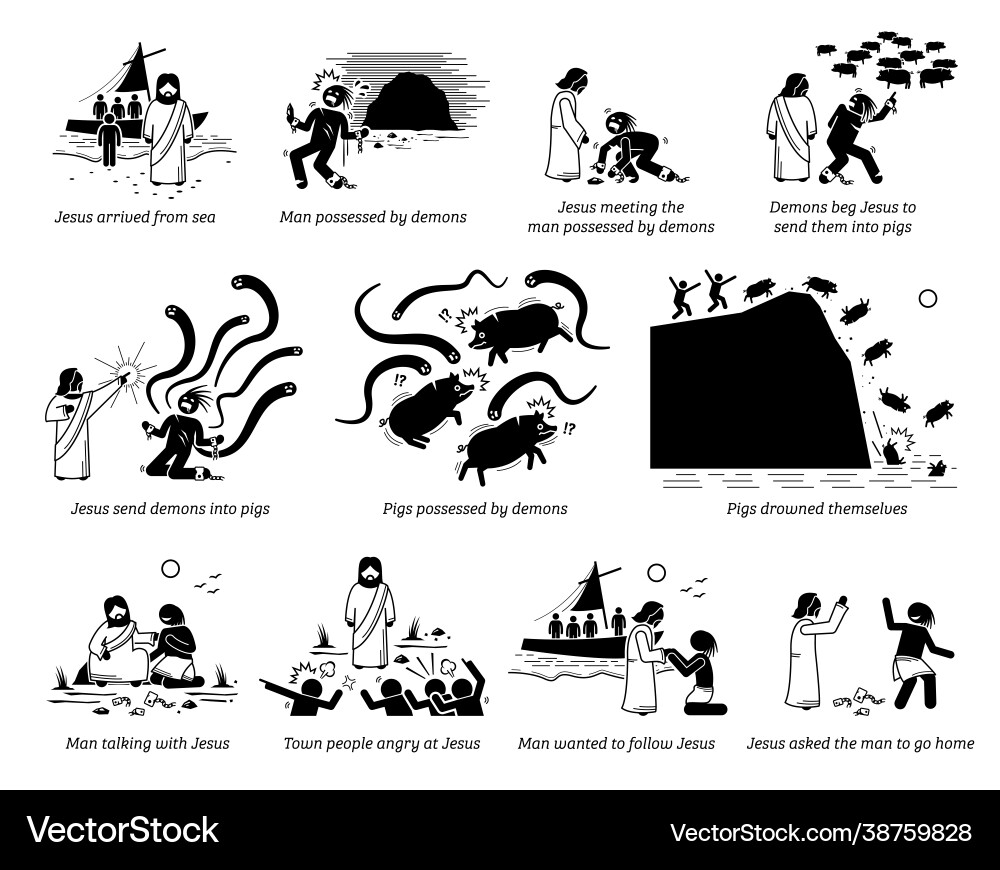 Exorcism gerasene demoniac jesus christ Royalty Free Vector