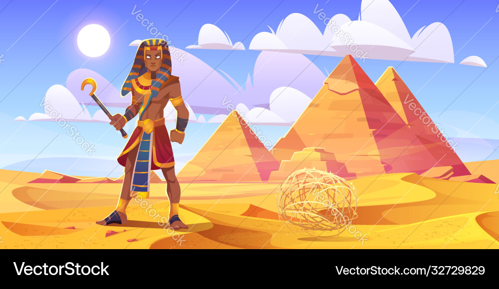 Ancient egyptian pharaoh in desert with pyramids Vector Image