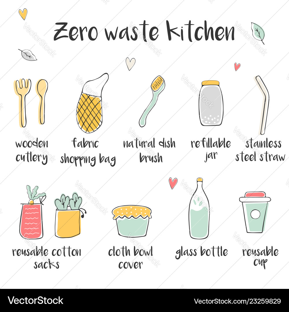 Big set of icons for zero waste kitchen Royalty Free Vector