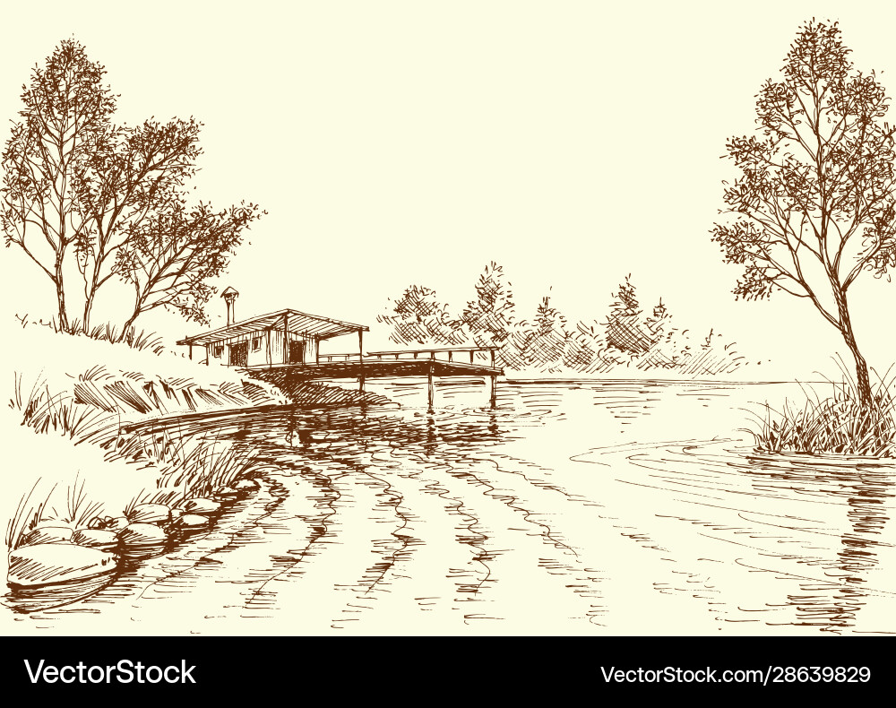 River flow and a small old fishery on shore Vector Image