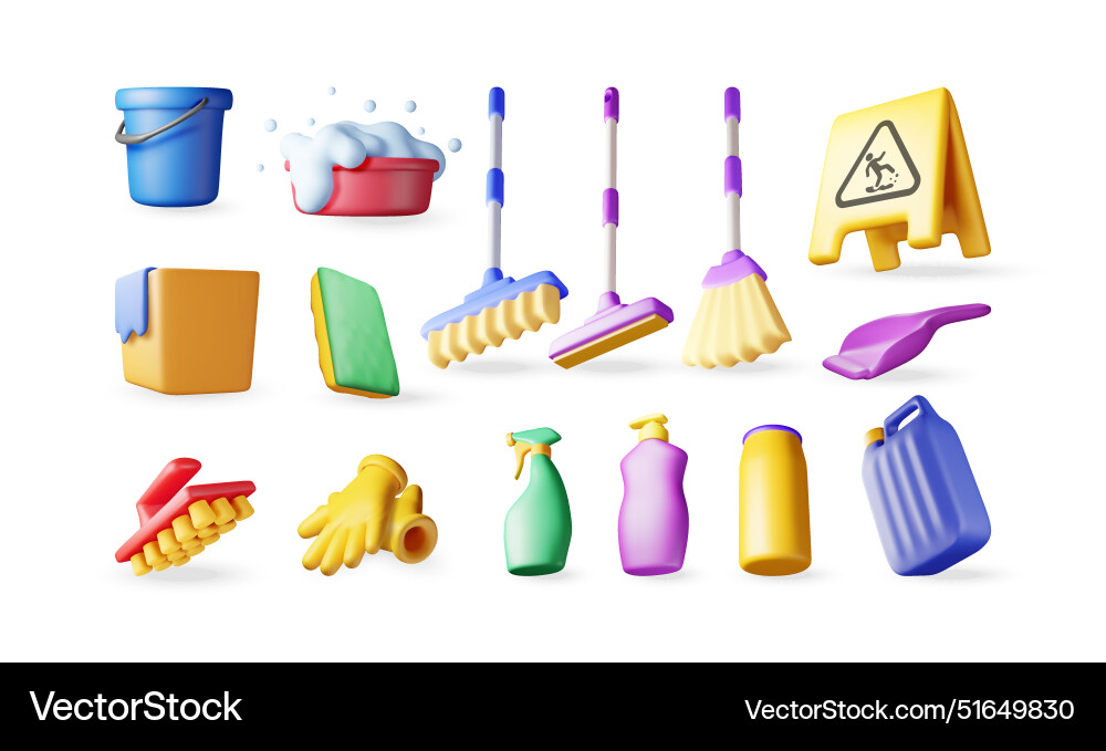 3d set of home cleaning tools isolated Royalty Free Vector