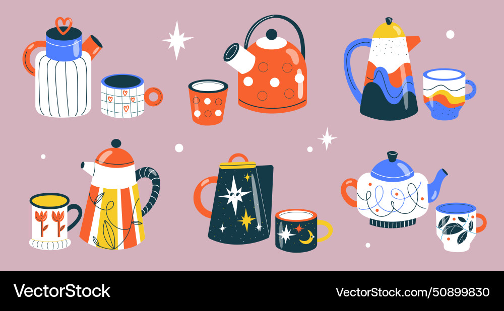 Cups and teapots cute patterned kettles ceramic Vector Image