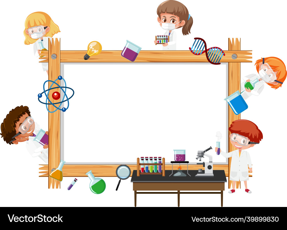 Empty wooden frame with scientist kids cartoon Vector Image