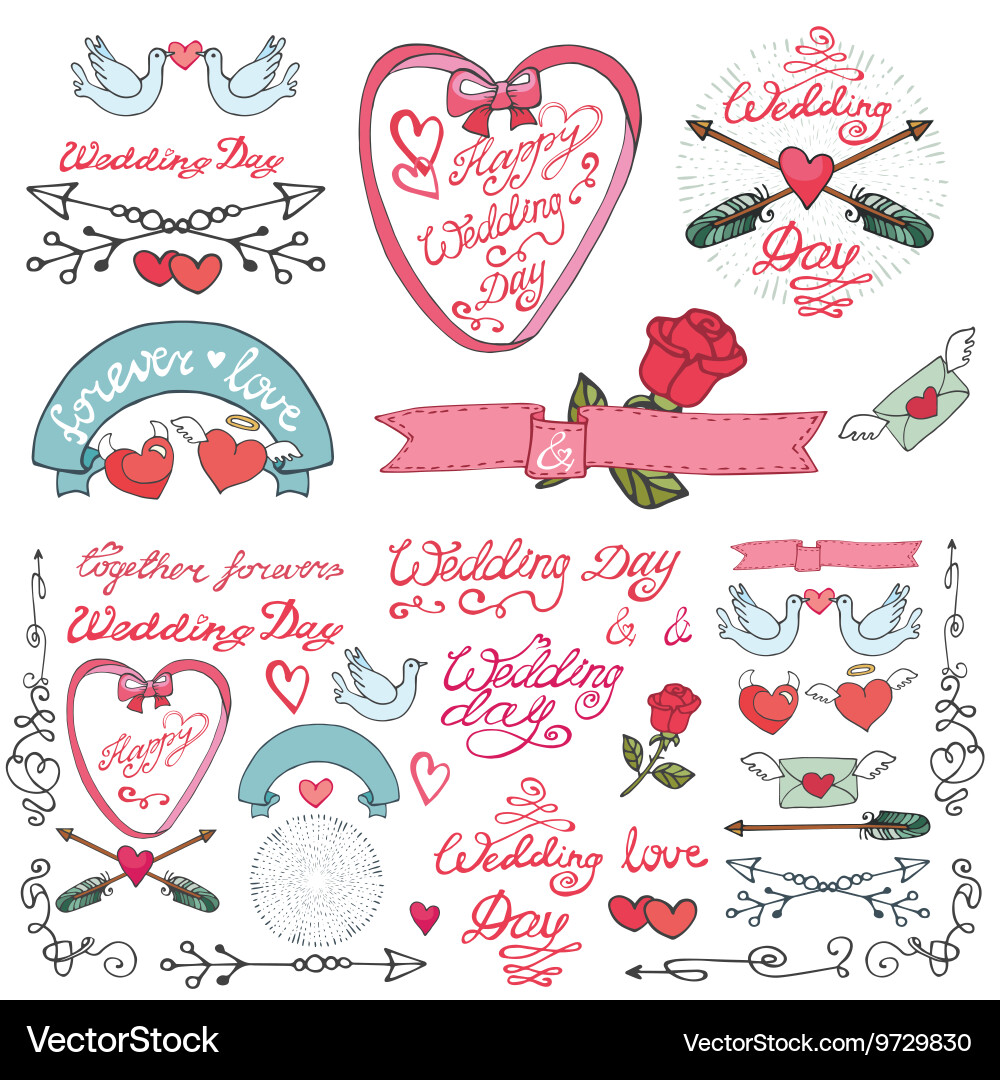 Wedding doodle decor elements set Royalty Free Vector Image