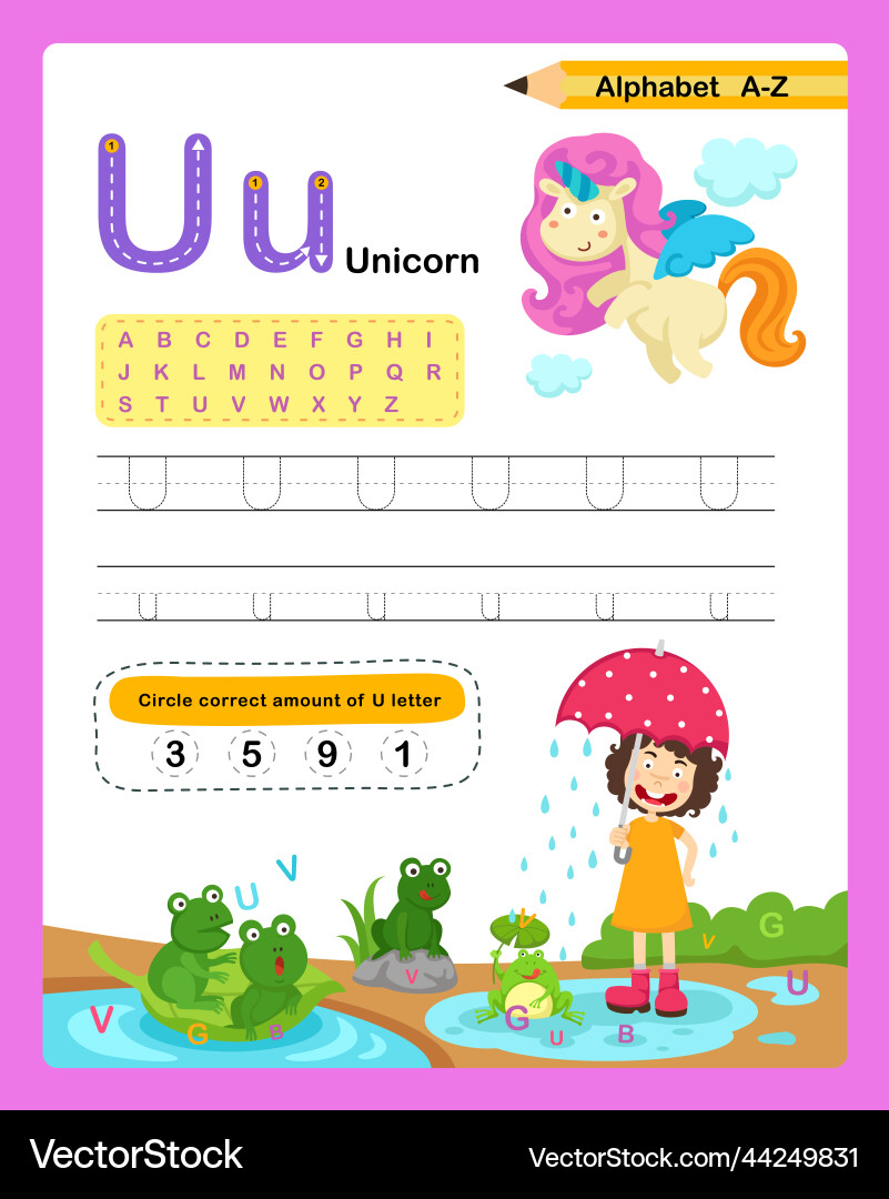 Alphabet letter u - unicorn exercise with cartoon Vector Image