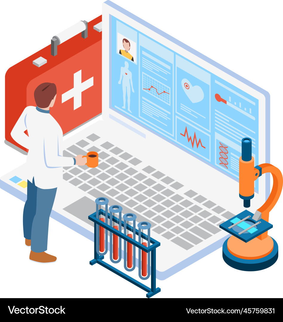 Laptop medical lab composition Royalty Free Vector Image